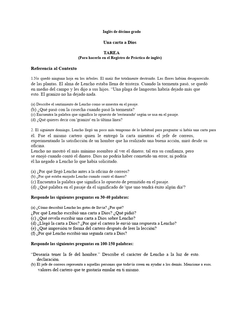 10 Inglés - Una Carta A Dios - Tarea | PDF