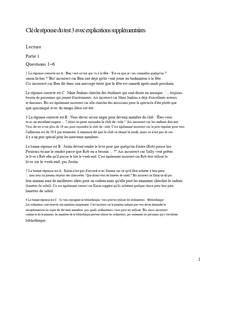 Clé de réponses Test 3 avec explications | PDF | Phrase | Grammaire