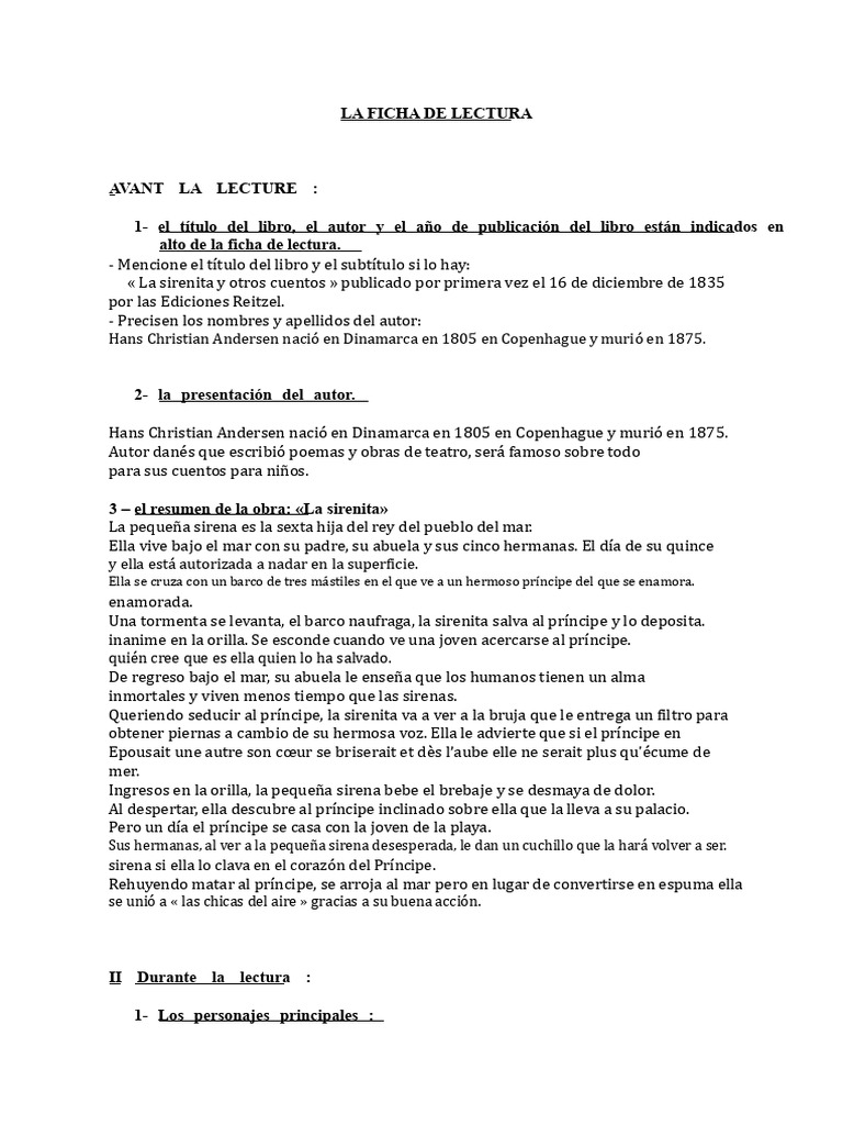 Ficha de lectura: La sirenita de Andersen | PDF