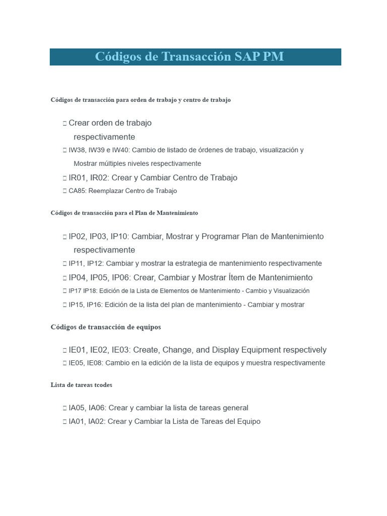 Códigos de transacción SAP PM | PDF | Informática | Ingeniería de software