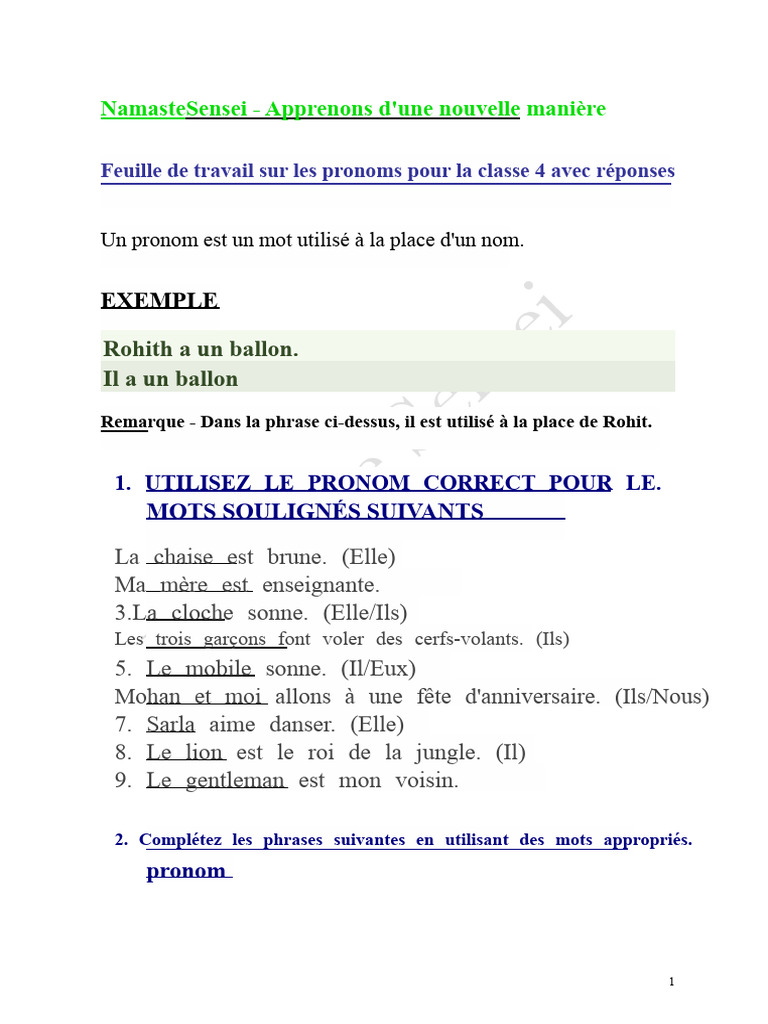 Feuille de travail sur les pronoms - Classe 4 | PDF