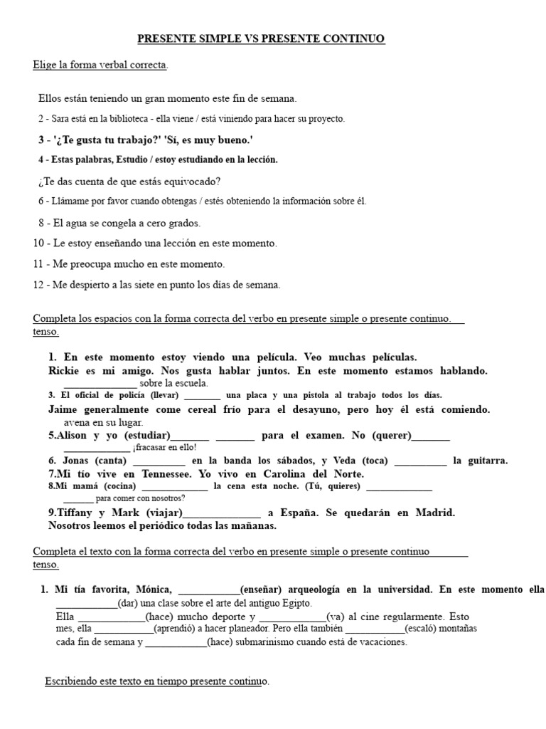Presente Simple vs Presente Continuo: Ejercicios | PDF | Verbo