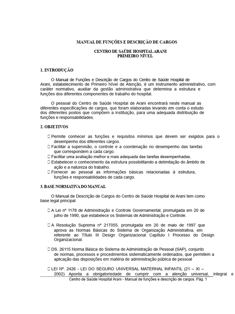 Manual de Funções e Descrição de Cargos - Arani Sim | PDF | Odontologia ...