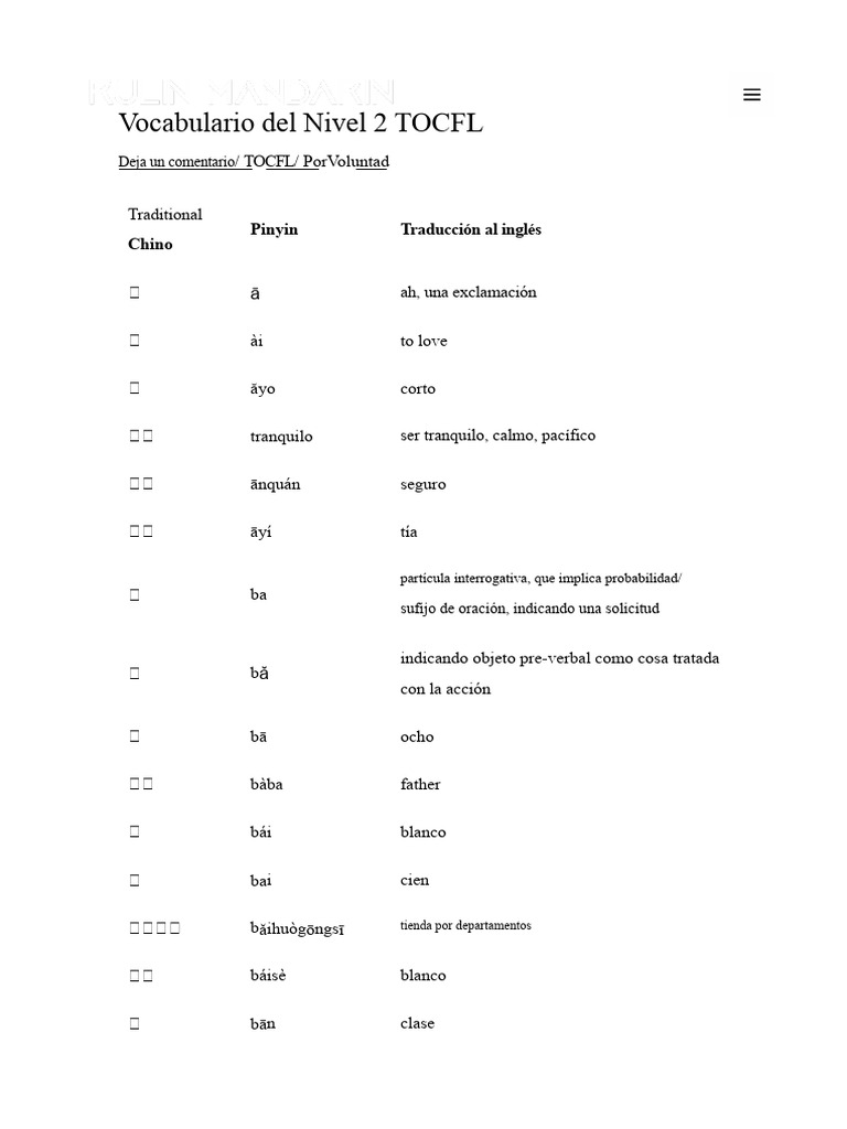 Vocabulario de Nivel A Del TOCFL | PDF | Lingüística