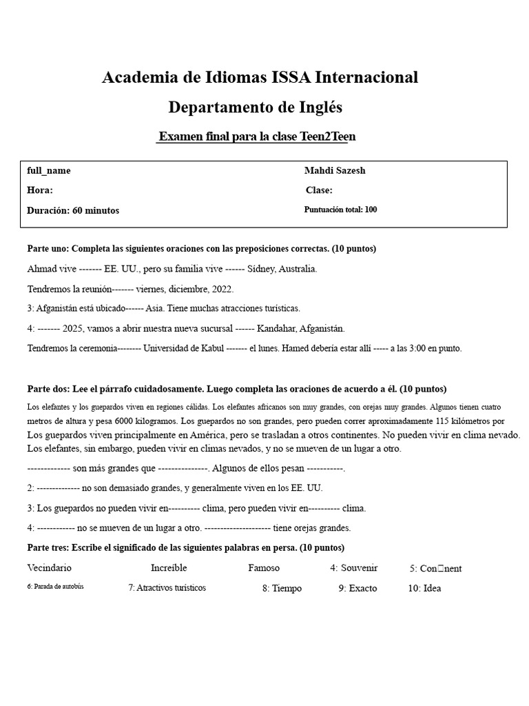 Examen Final de La Clase Teen2Teen | PDF