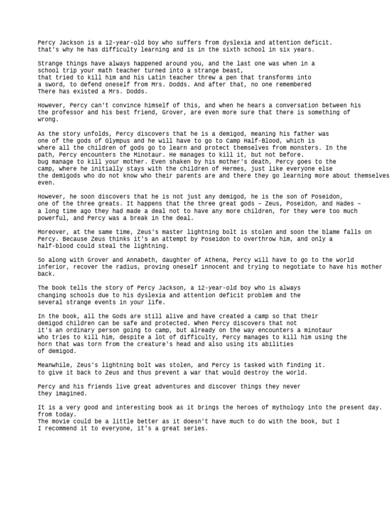 Review of Percy Jackson and The Olympians: The Lightning Thief | PDF