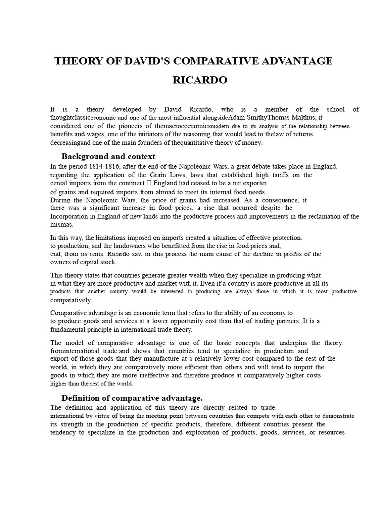 Theory of Comparative Advantage by David Ricardo | PDF | Comparative ...