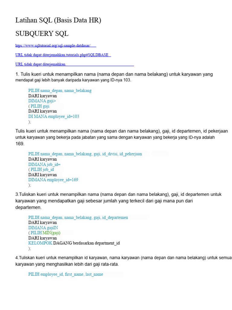 Latihan SQL (Basis Data HR) (SUBQUERY) | PDF