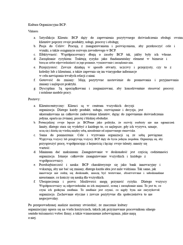 Kultura Organizacyjna - BCP | PDF