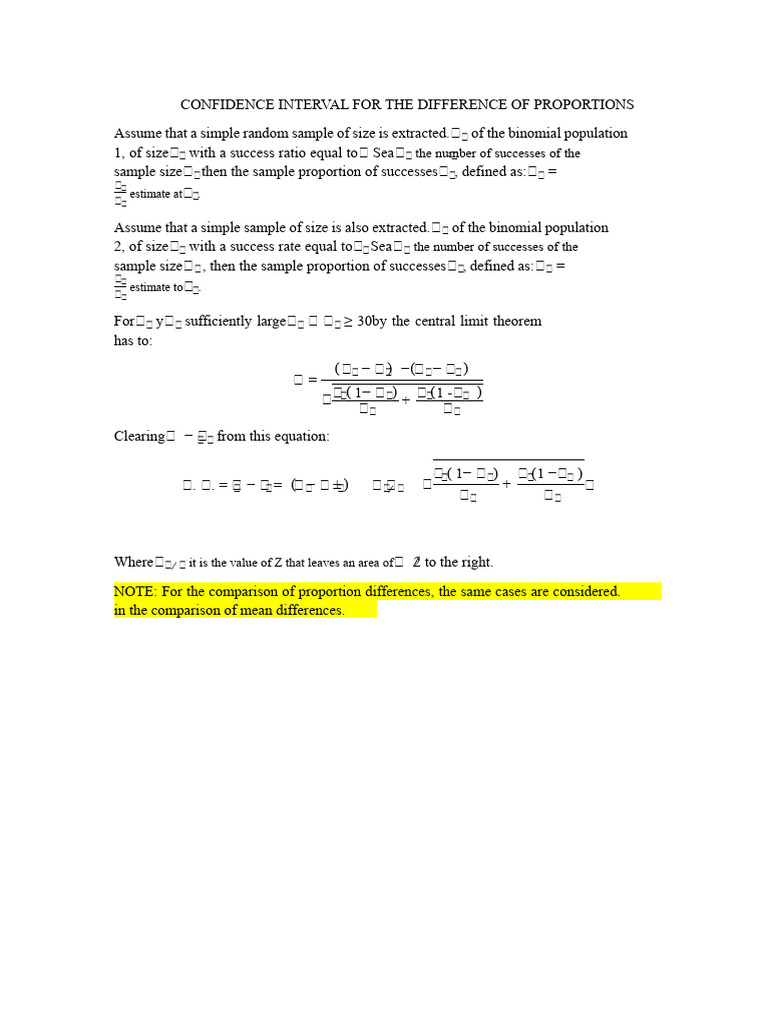 Confidence Interval For The Difference of Proportions - Notes PDF | PDF ...