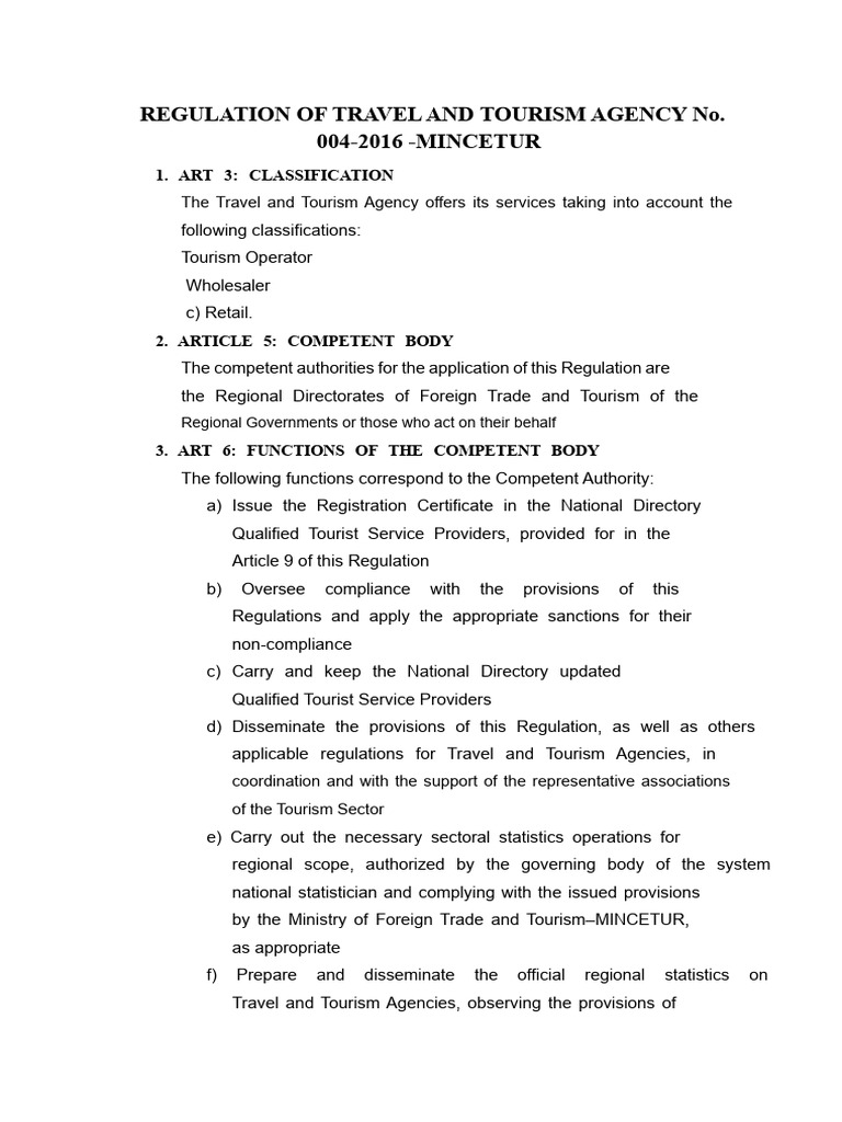 Travel and Tourism Agency Regulations Summary | PDF | Regulatory ...