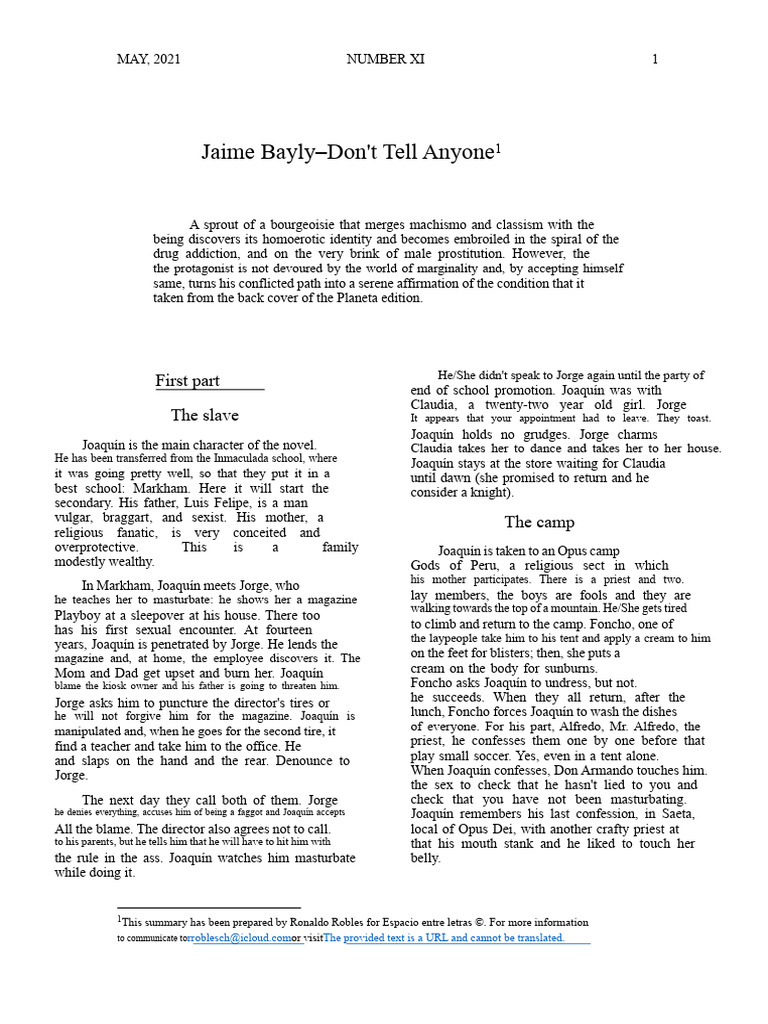 Jaime Bayly's "Don't Tell Anyone" Summary | PDF