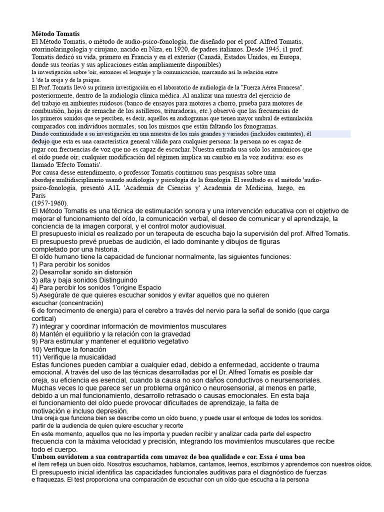 Método Tomatis: Mejora Auditiva y Comunicativa | PDF | Escuchando | Oído