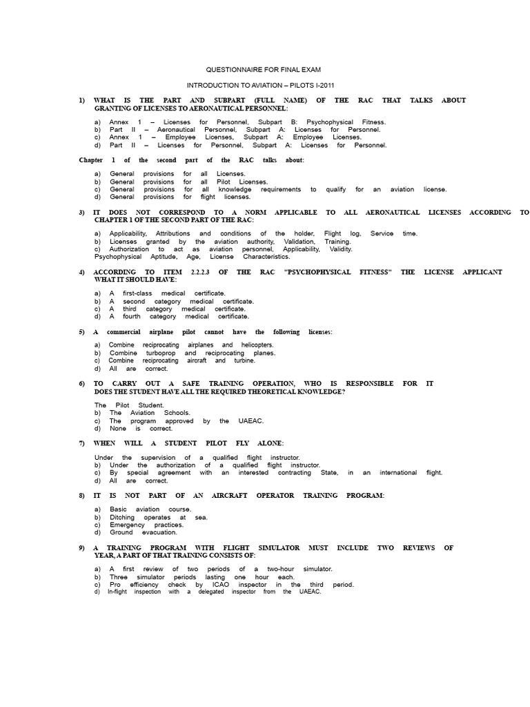 Final Exam Questionnaire Introduction Pilots | PDF | Aviation | Airliner