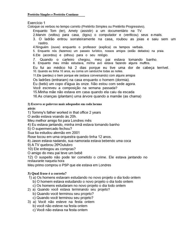 Exercícios de Passado Simples e Passado Contínuo | PDF