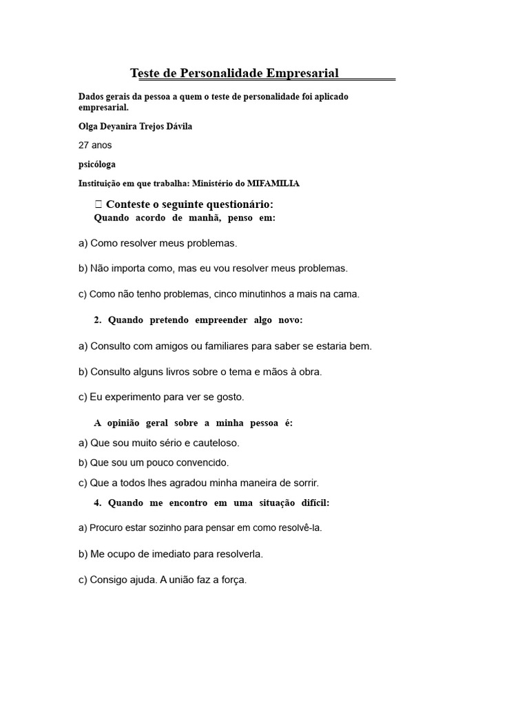 Teste de Personalidade Empresarial: Olga Trejos | PDF | Psicologia
