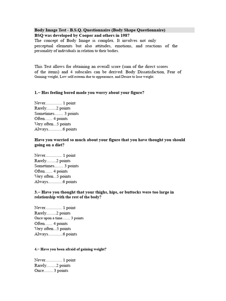 Body Shape Questionnaire Overview | PDF | Body Image | Questionnaire