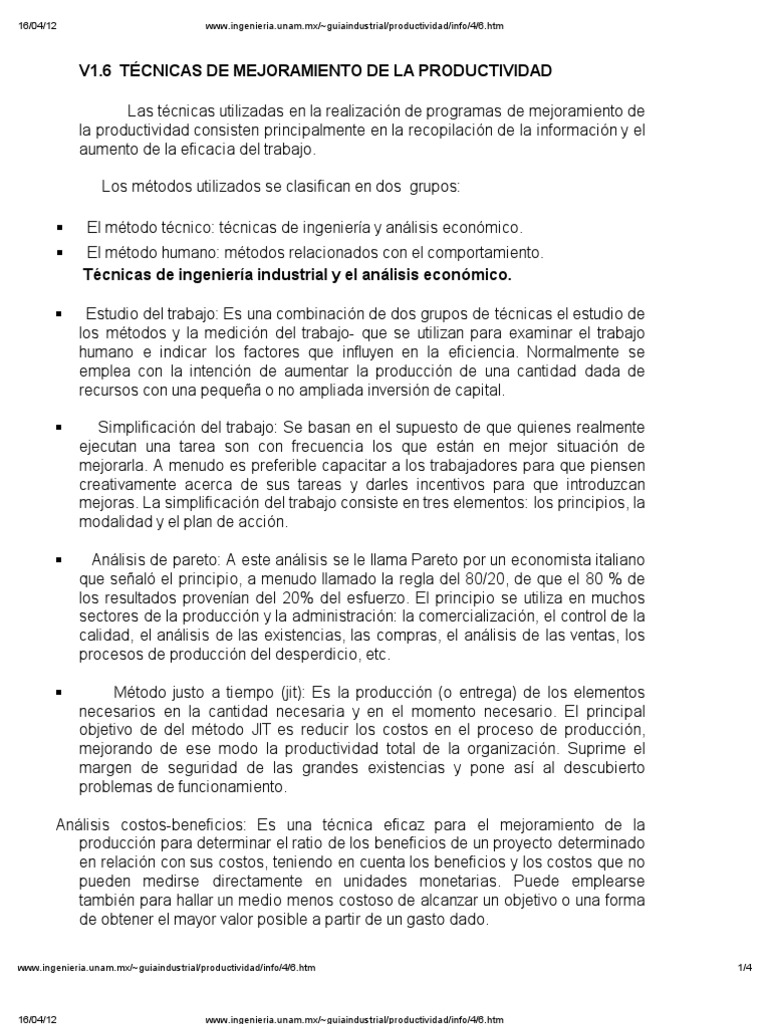 Tecnicas de Mejoramiento de La Productividad | PDF | Beneficio (economía) | Ingeniería