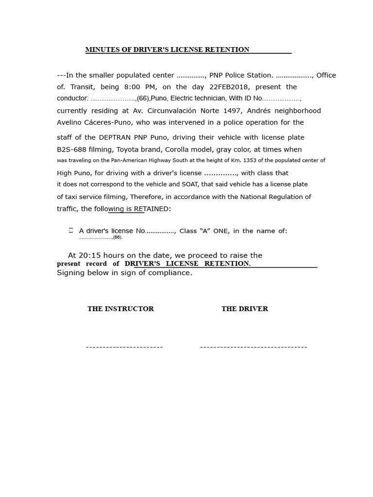 Driver's License Retention Record | PDF