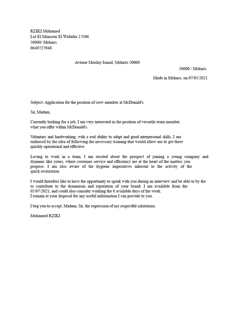 Cover Letter For Fast Food at McDonald's KFC Quick | PDF