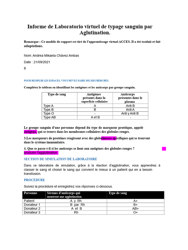 Rapport de Laboratoire D'agglutination | PDF | Groupe sanguin | Antigène