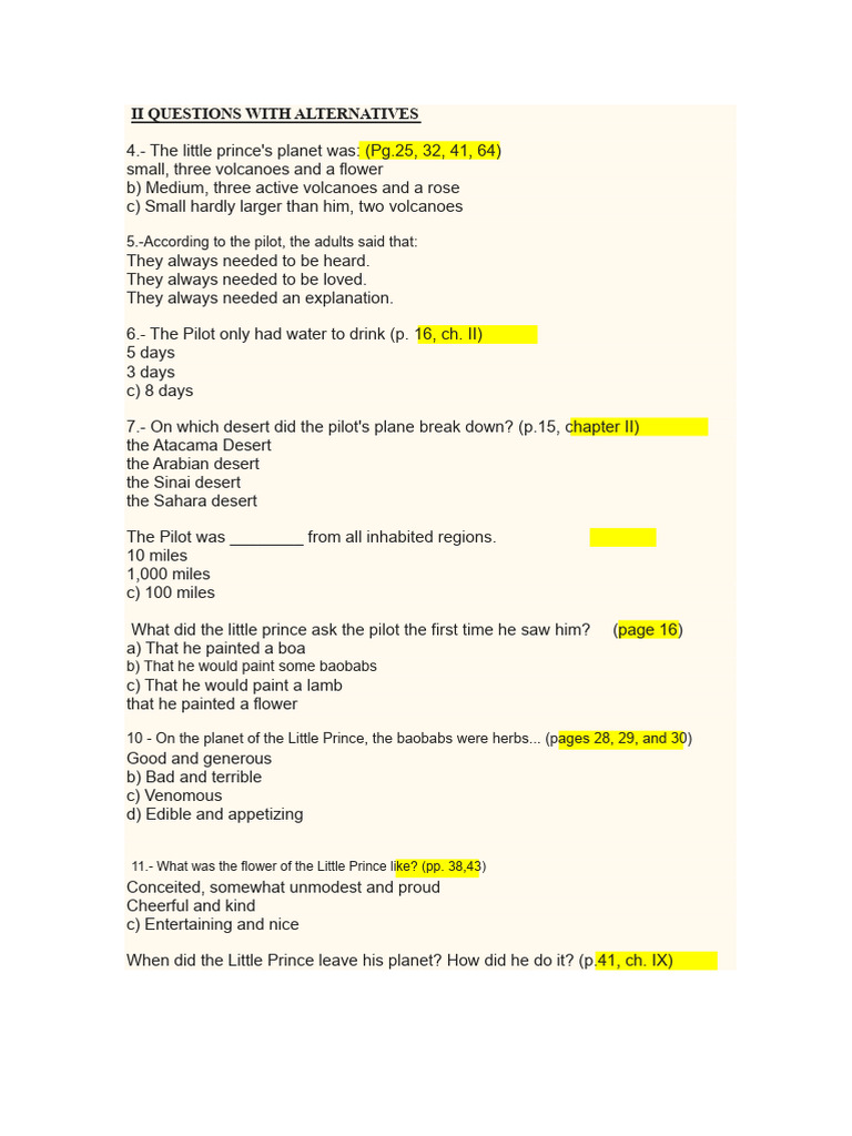 Little Prince Quiz Questions & Answers | PDF | The Little Prince
