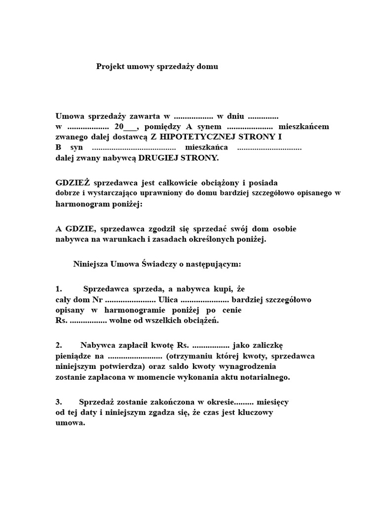 Projekt Umowy Sprzedaży Domu | PDF