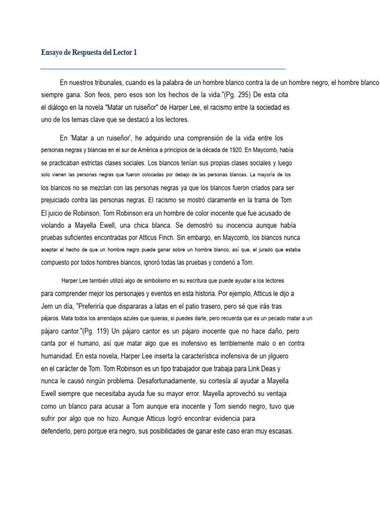 Ensayo de Respuesta Del Lector | PDF | Matar a un ruiseñor | Harper Lee
