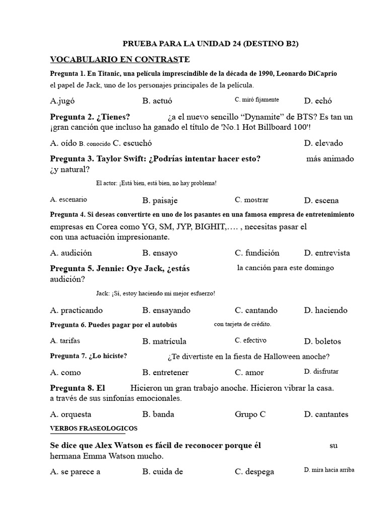 Prueba de vocabulario B2 para cine y música | PDF