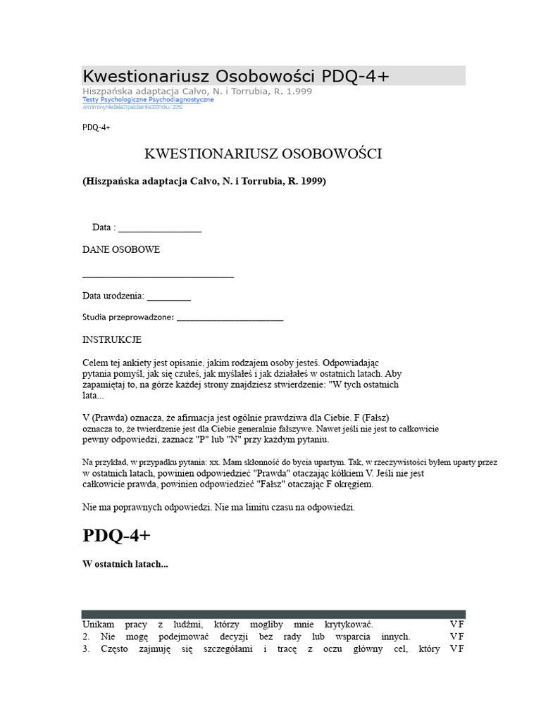 Kwestionariusz Osobowości PDQ | PDF