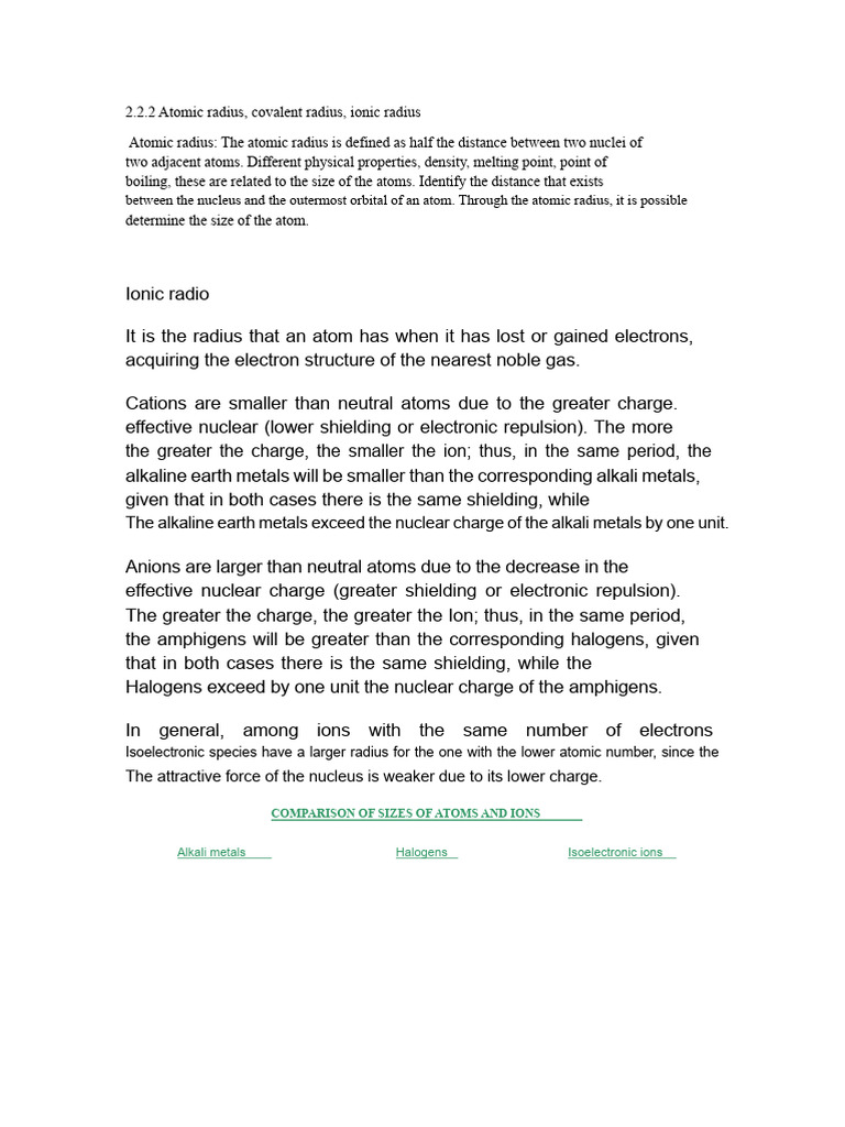 2.2.2 Atomic Radius. Covalent and Ionic | PDF