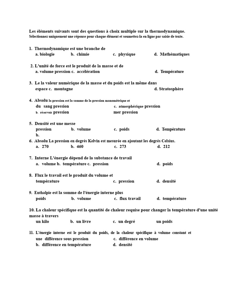 Questions à choix multiple sur la thermodynamique | PDF | Chaleur ...