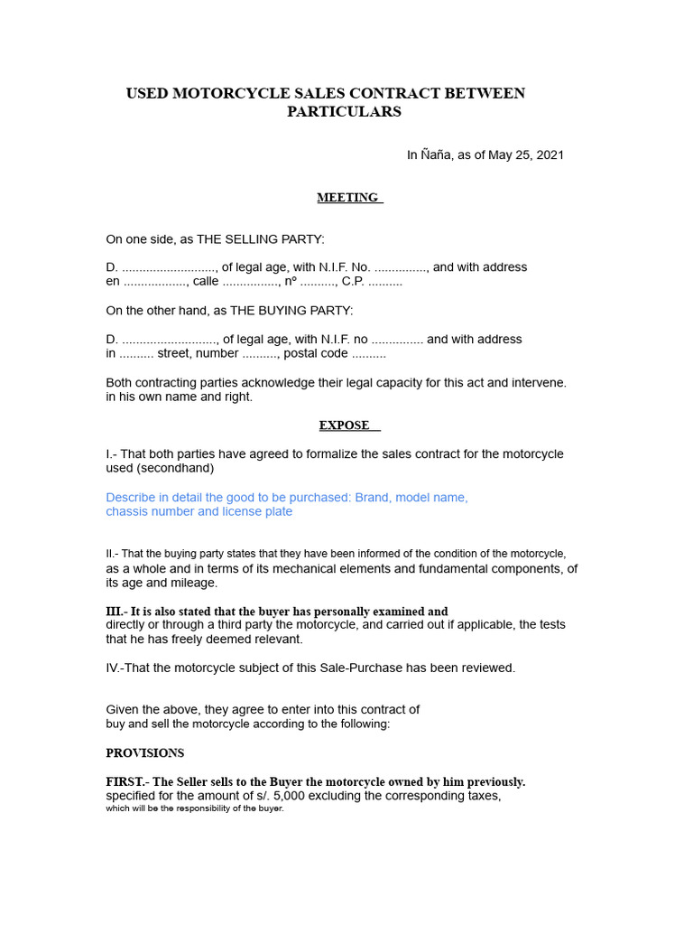 Used Motorcycle Sale Agreement Template | PDF | Sales | Private Law