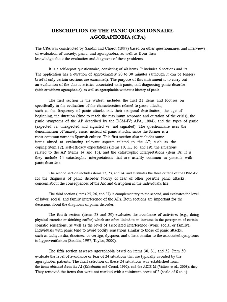 Panic Questionnaire for Agoraphobia Evaluation | PDF | Agoraphobia ...