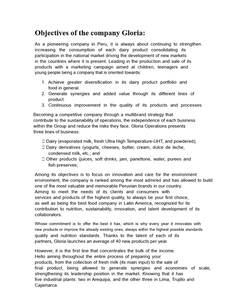 Gloria's Dairy Business Objectives in Peru | PDF | Dairy | Foods