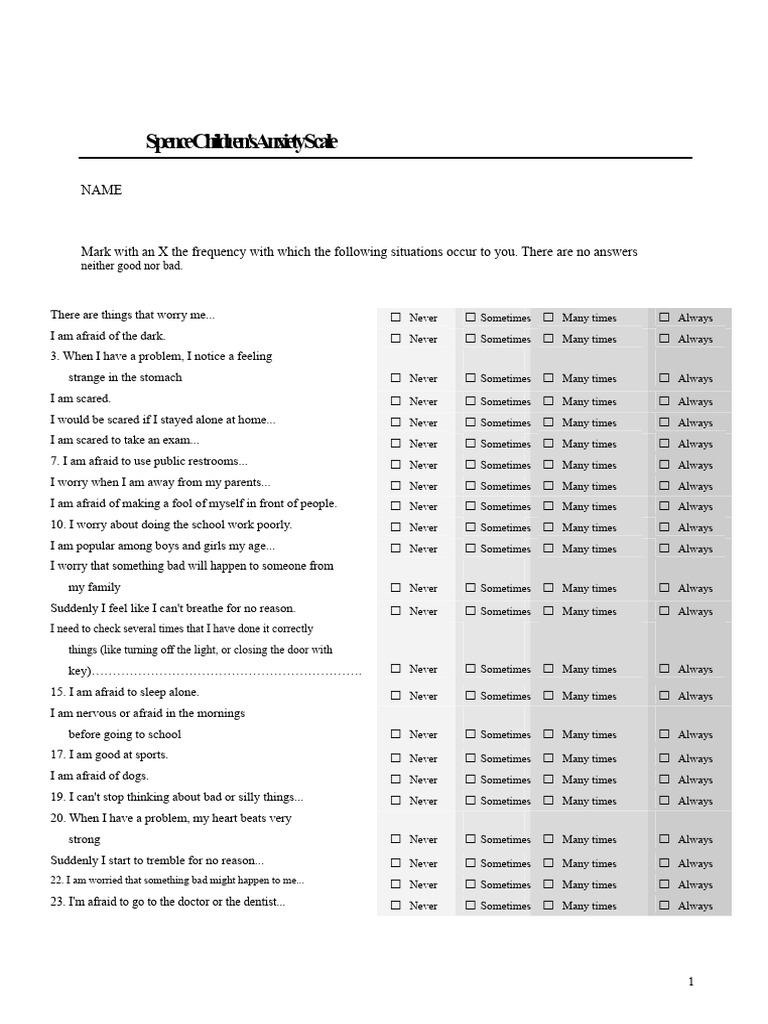 Spence Children's Anxiety Scale Questionnaire | PDF | Anxiety ...
