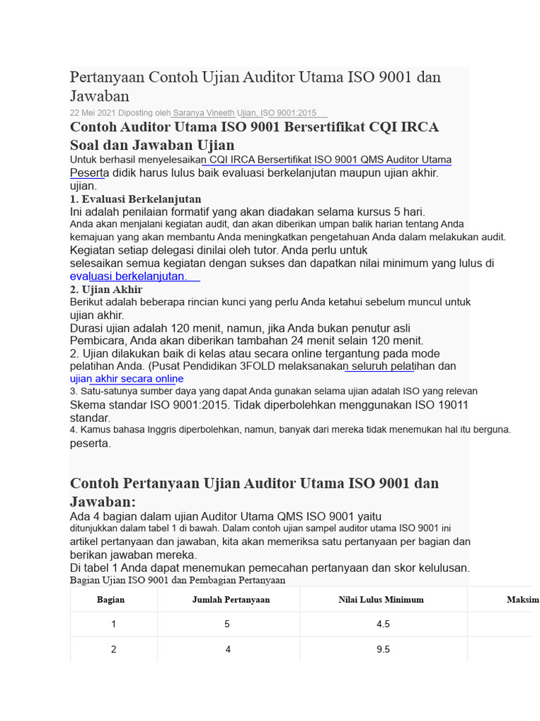 Pertanyaan Dan Jawaban Contoh Ujian Auditor Utama ISO 9001 | PDF