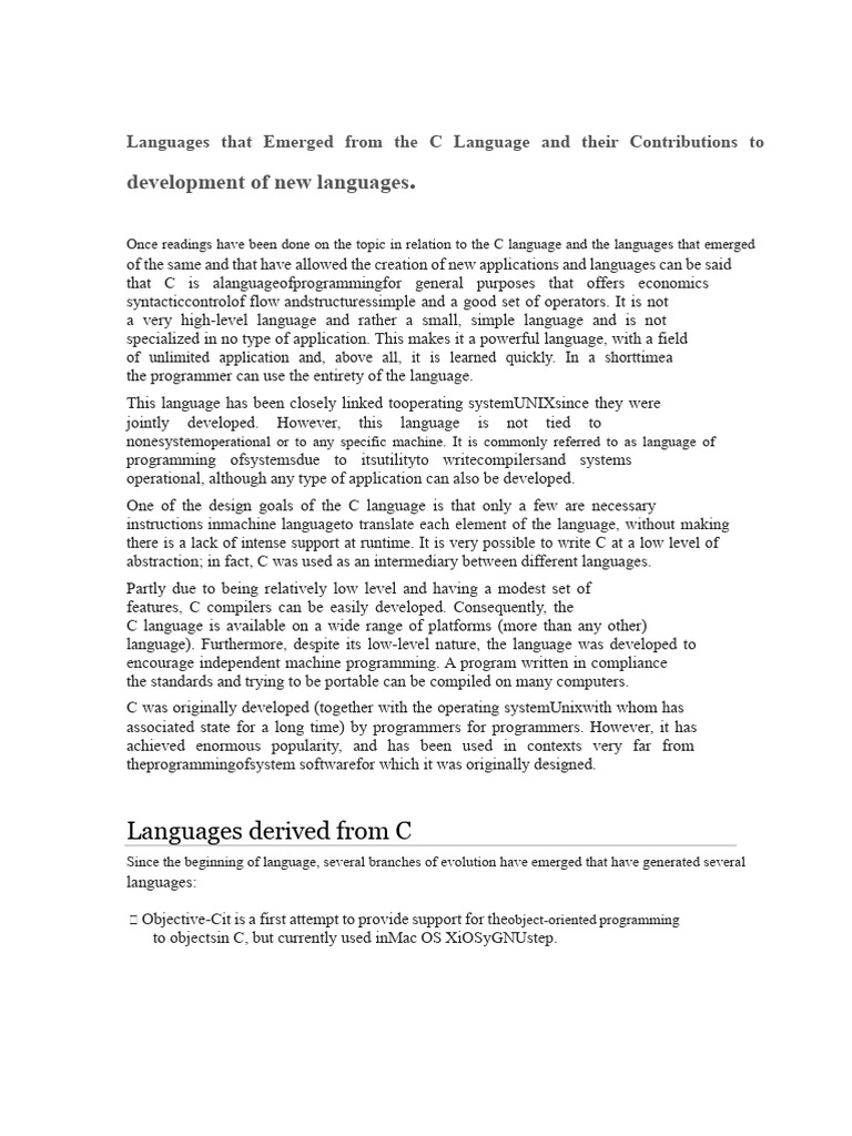 Languages That Emerged From The C Language and Their Contributions To The Development of New ...