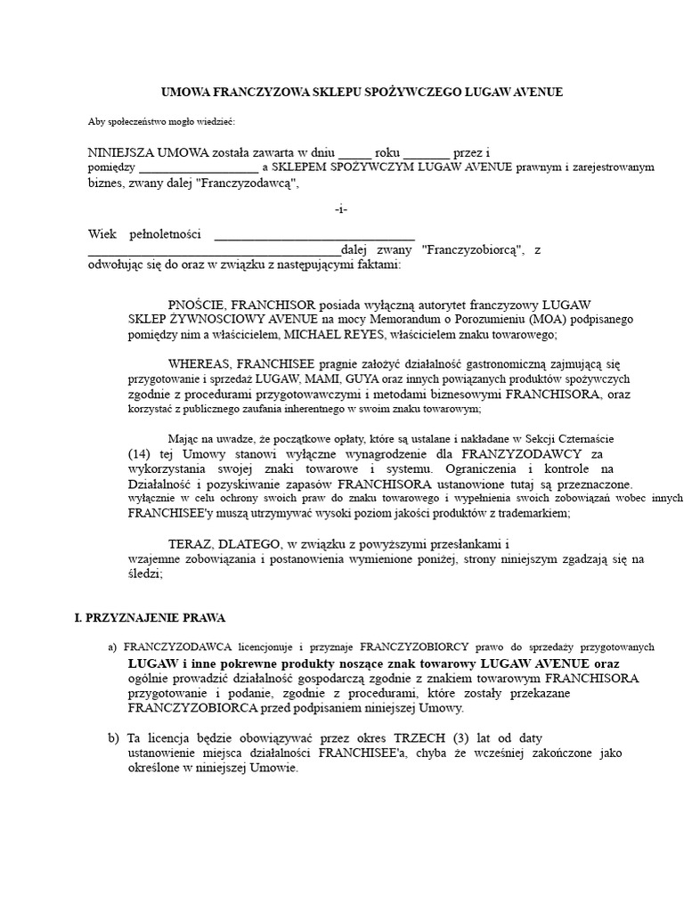 Umowa Franczyzowa Lugawan Avenue | PDF