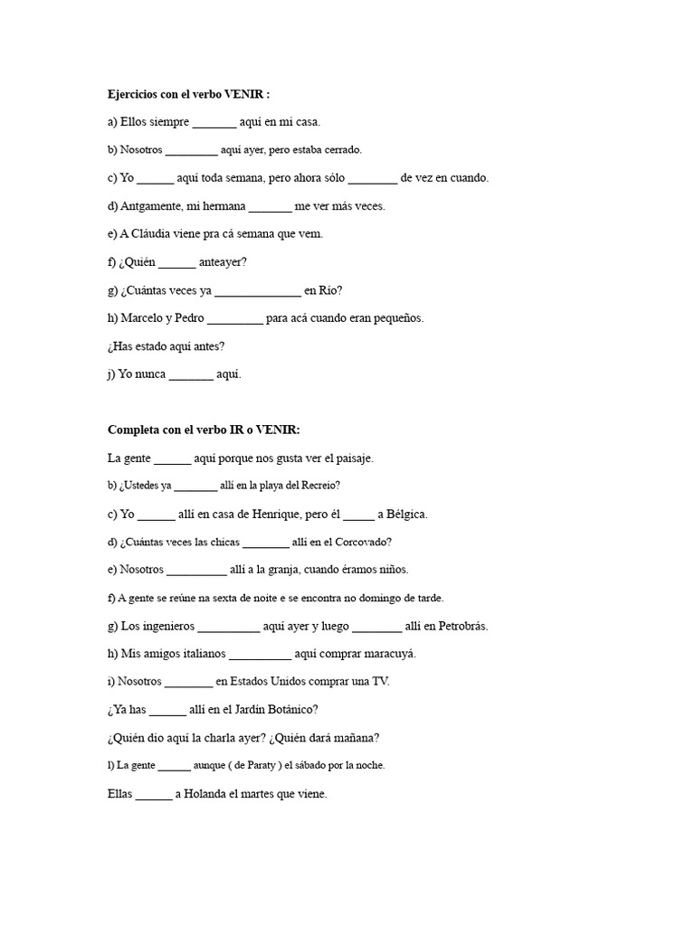 Ejercicios Prácticos del Verbo Venir | PDF