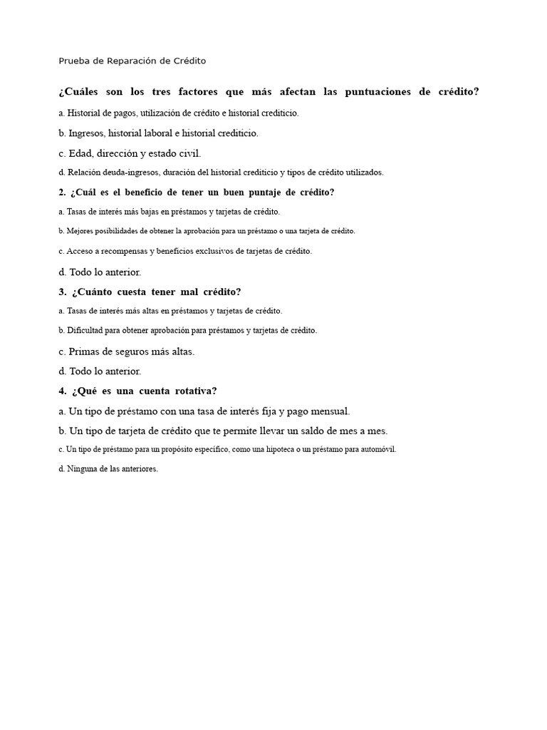 Prueba de Práctica para La Reparación de Crédito | PDF | Crédito ...
