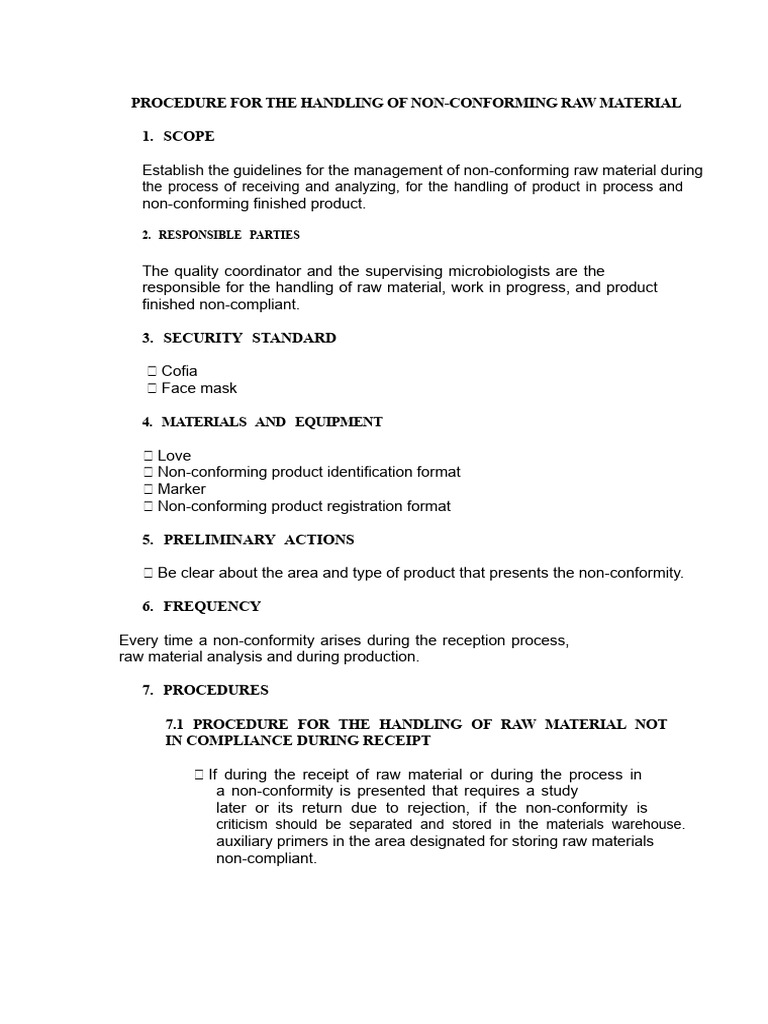 Procedure For The Handling of Non-Conforming Raw Material | PDF