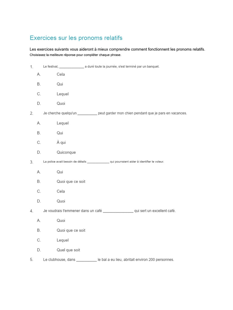 Exercices sur les pronoms relatifs | PDF