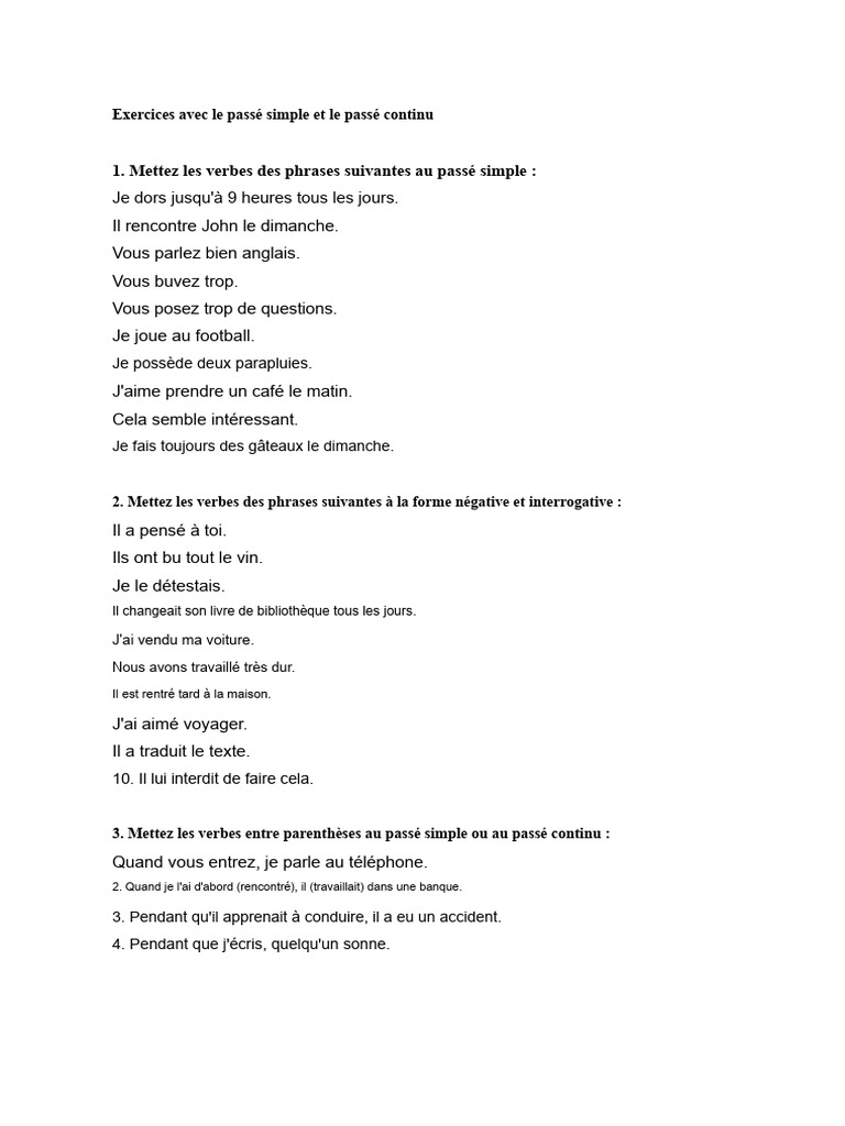 Exercices Avec Le Passé Simple Et Le Passé Continu | PDF | Verbe