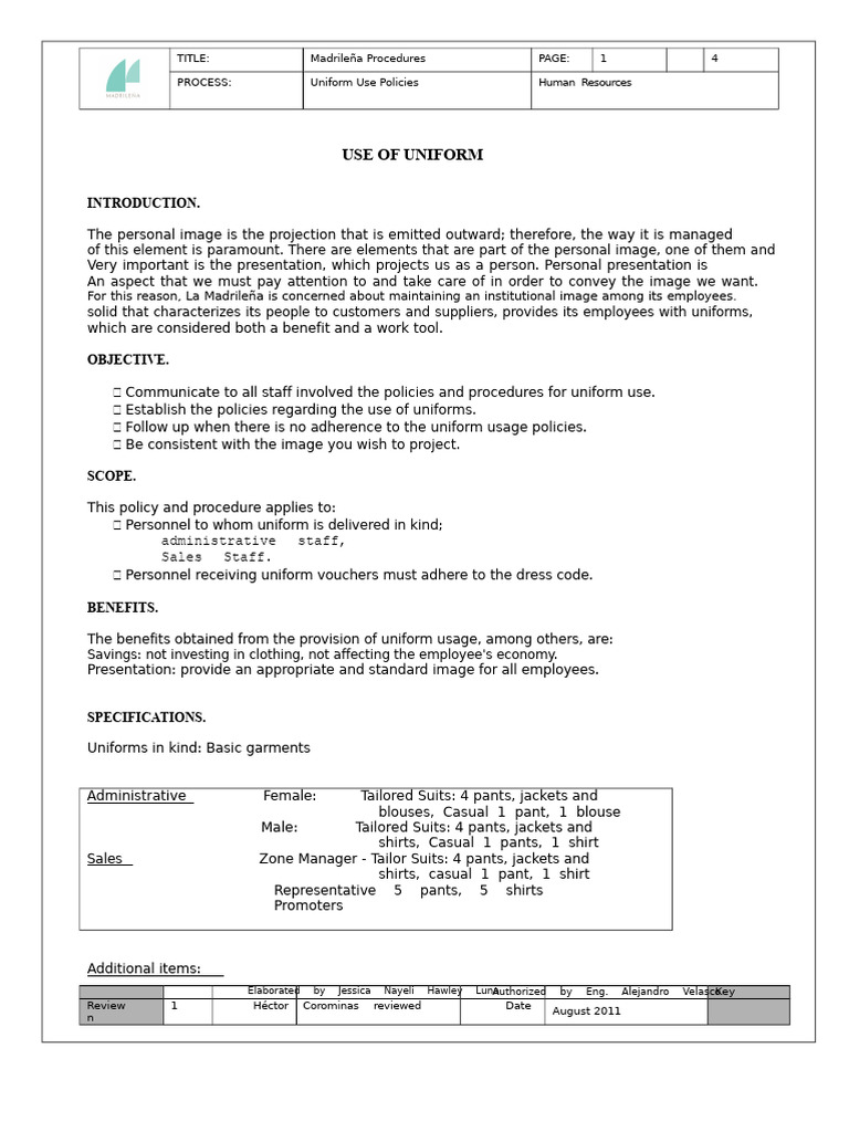 Uniform Use Policies 2011.doc | PDF | Trousers | Clothing