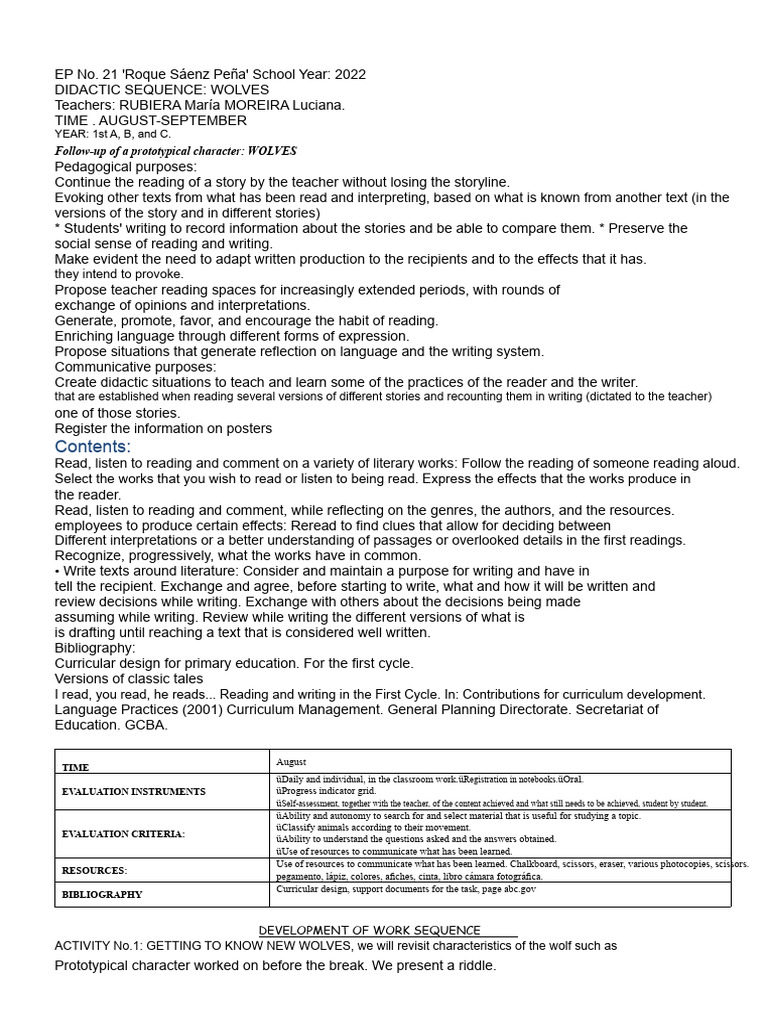 Didactic Sequence Pdl. August - September Wolves. 1ST Grade | PDF ...