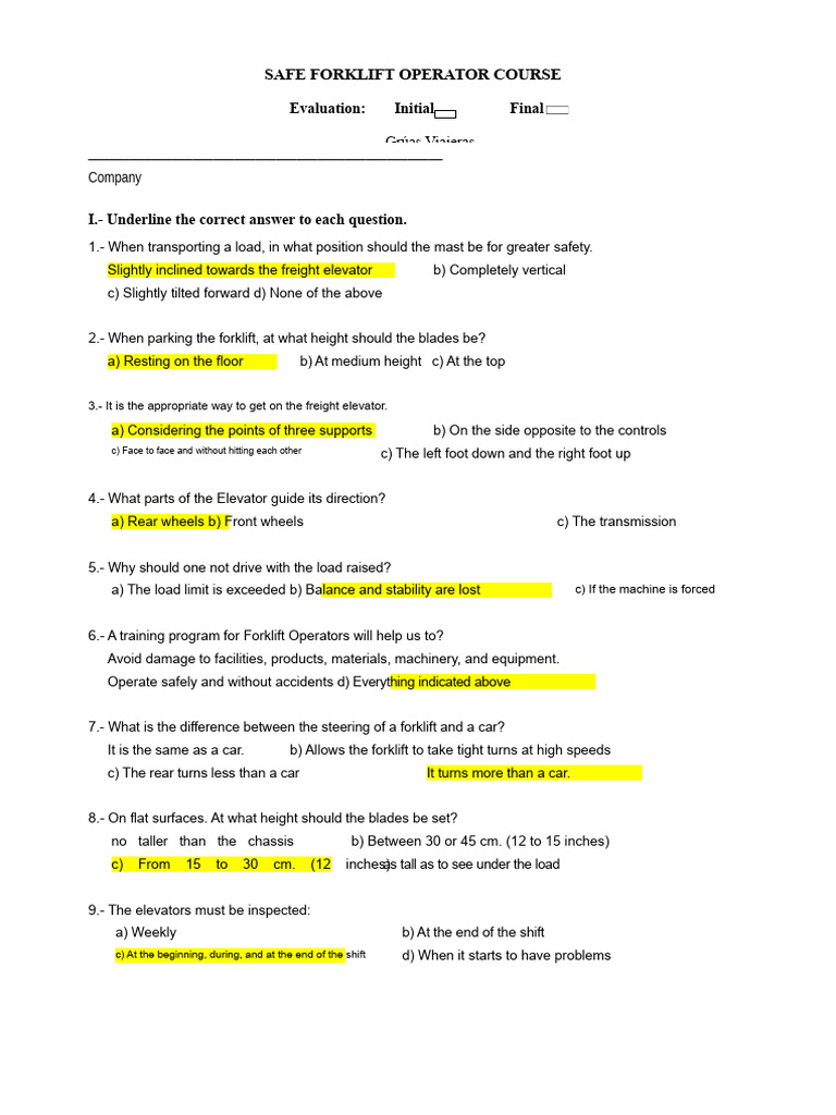 Forklift Operator Safety Training Quiz | PDF | Forklift | Elevator