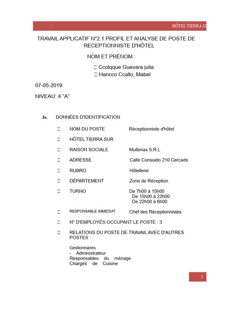 Profil et Analyse du Poste de Réceptionniste | PDF | Facture | Inventaire