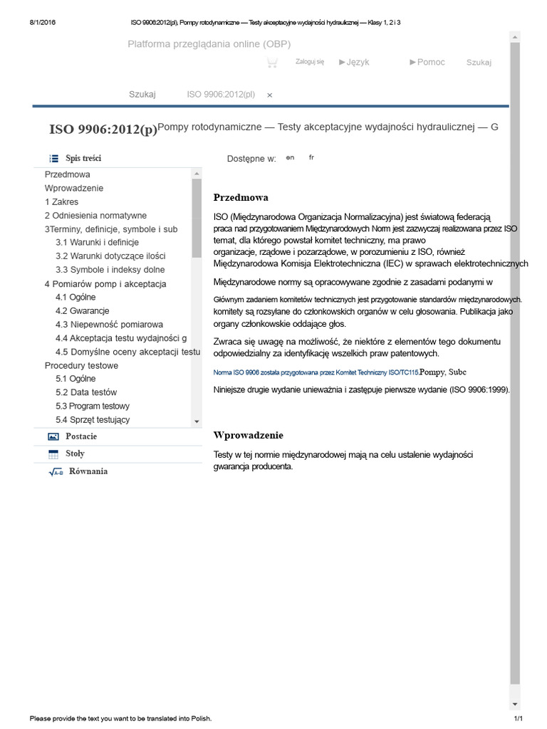 ISO 9906_2012(pl), Pompy rotodynamiczne — Testy akceptacyjne wydajności ...