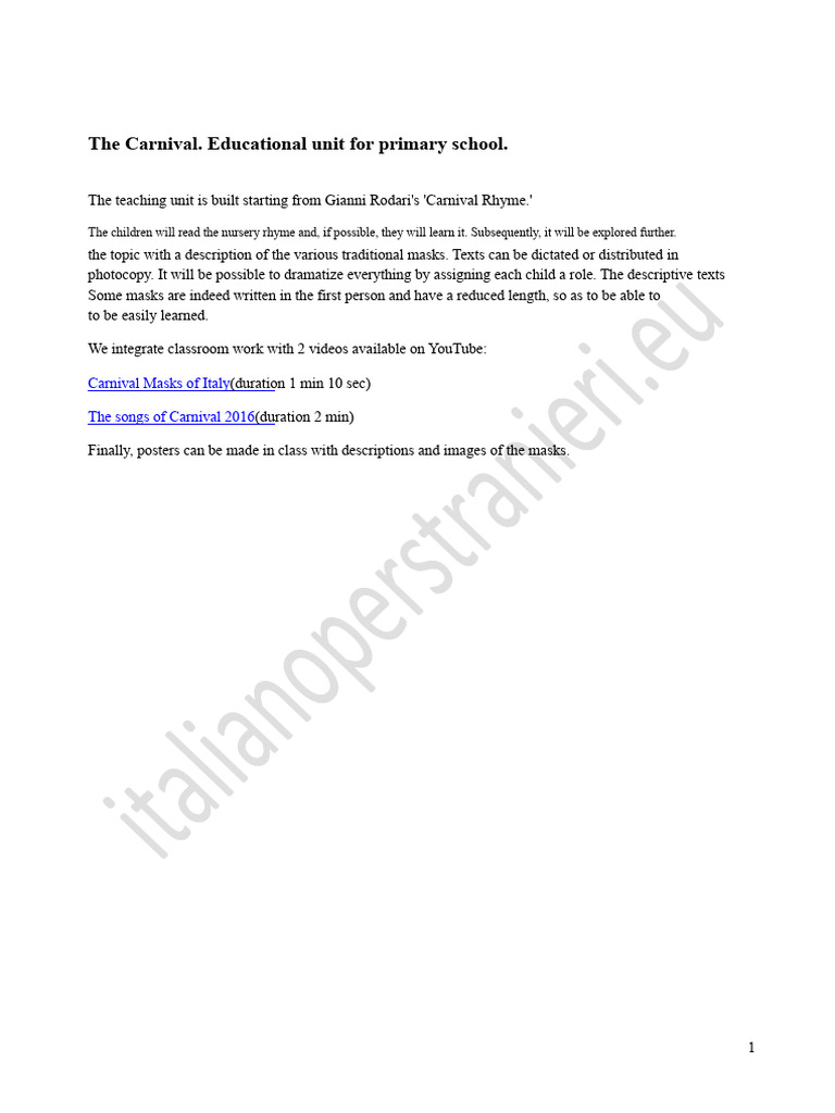 Carnival Masks: Primary School Unit | PDF